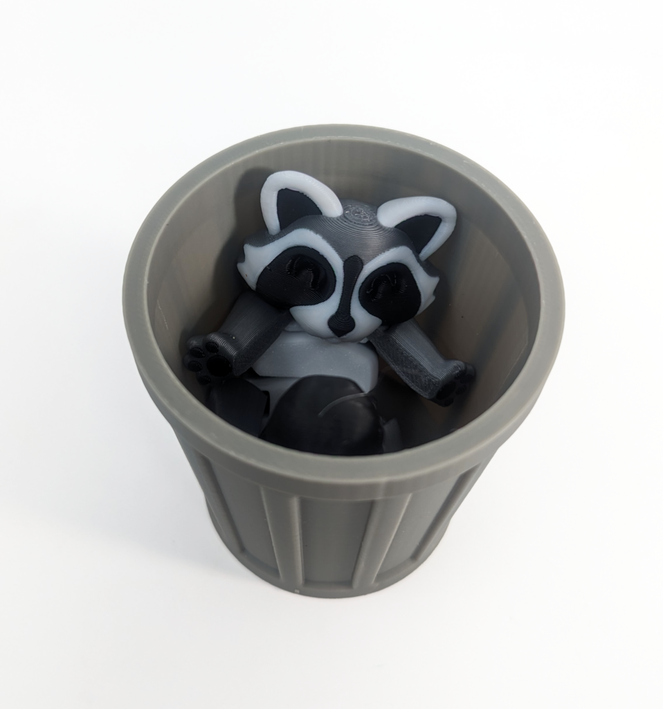 Adorable 3D Printed Raccoon and Trash Can Set
