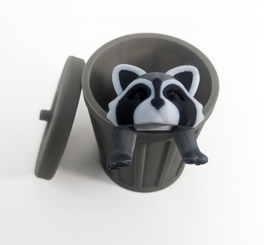 Adorable 3D Printed Raccoon and Trash Can Set